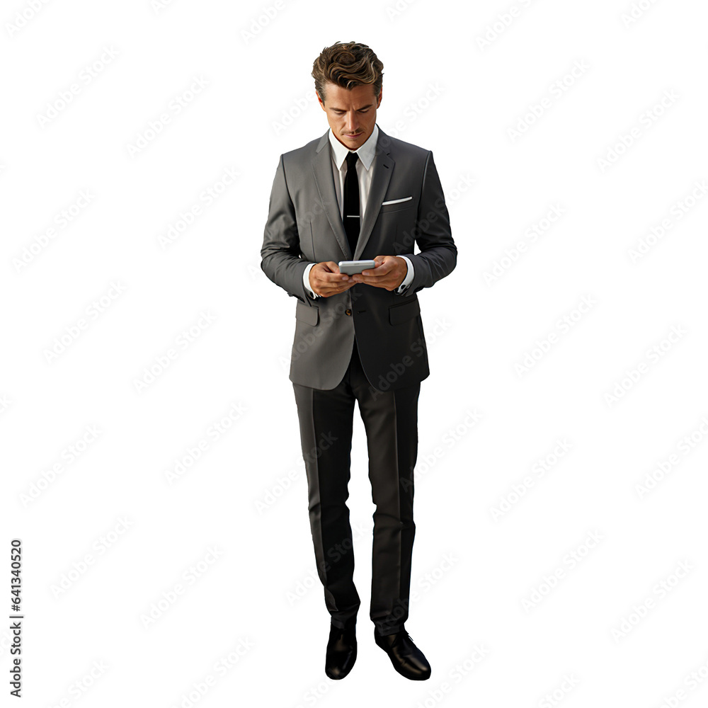 Homme sérieux en costume sur son smartphone. Plan pied, personnage en ...