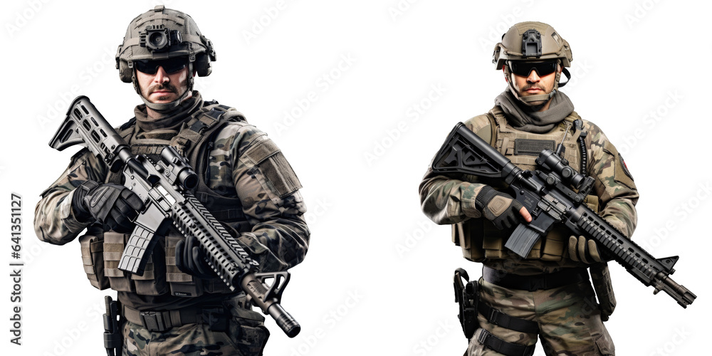 Soldier in combat uniform holds assault rifle alone on transparent ...