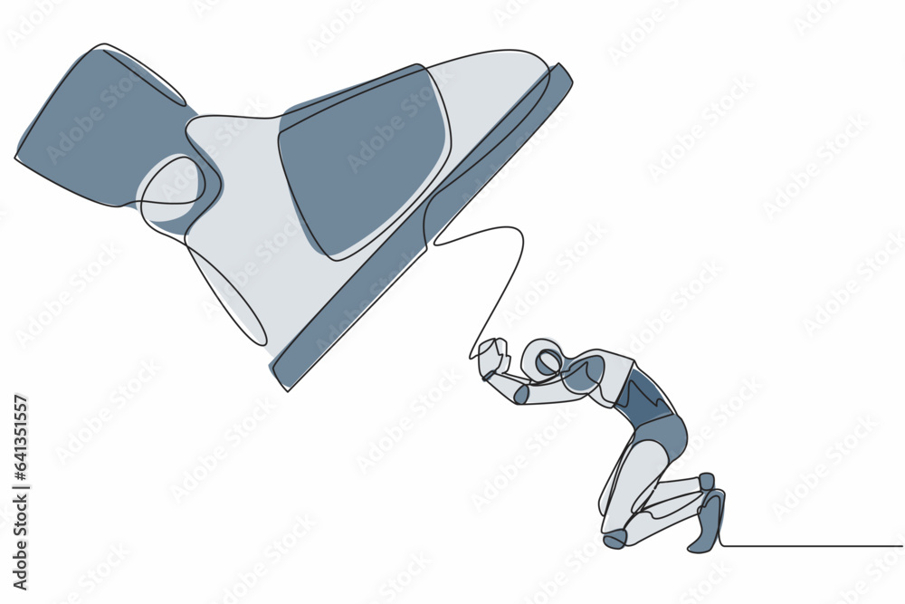 Vector de Stock Single one line drawing robot kneel down under giant ...