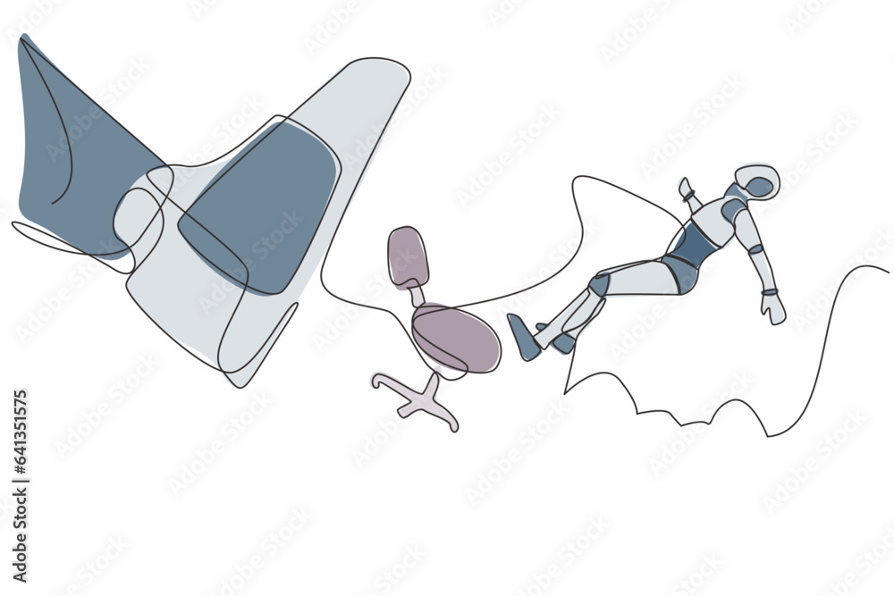 Continuous one line drawing of robot kicked out by big foot from chair ...