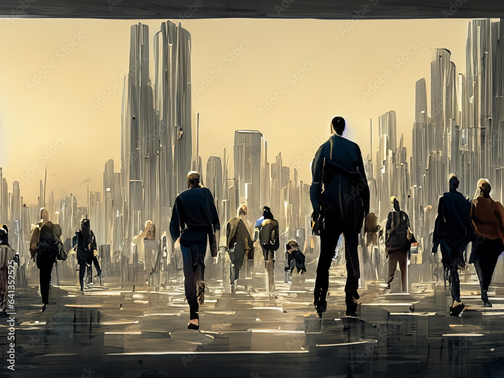 View of a modern city with many people on the street in a polluted ...