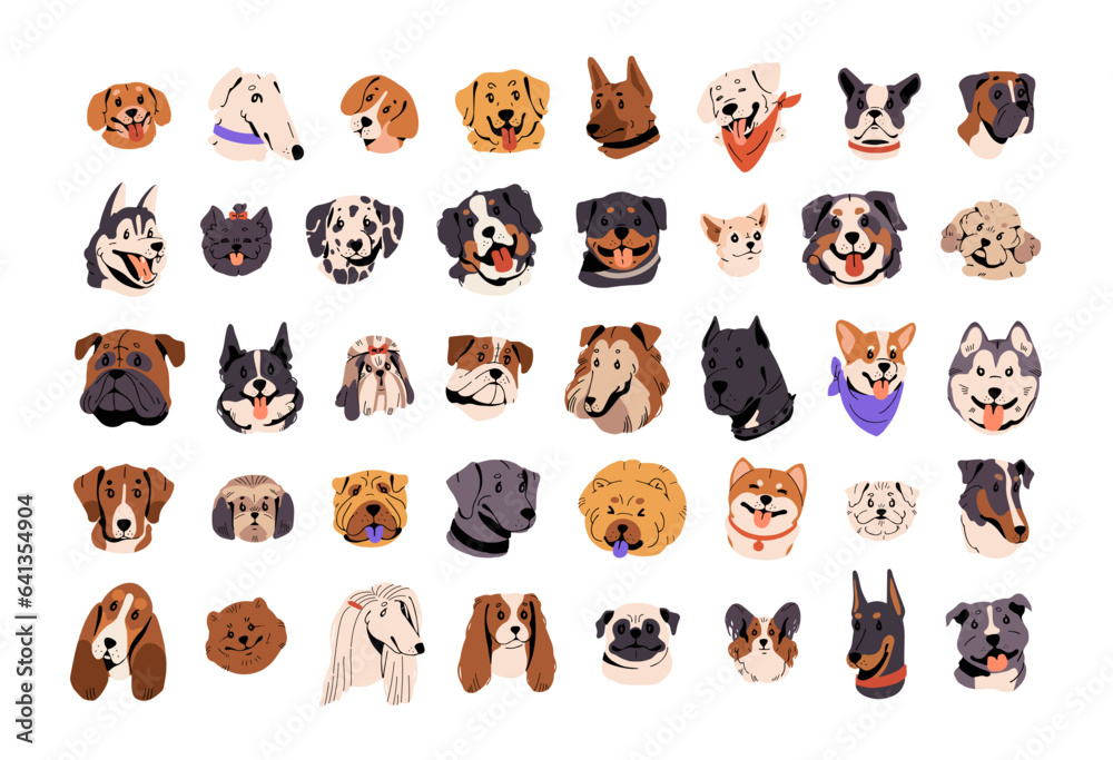 เวกเตอร์ Stock Cute dog avatars set. Puppy face portraits of various ...