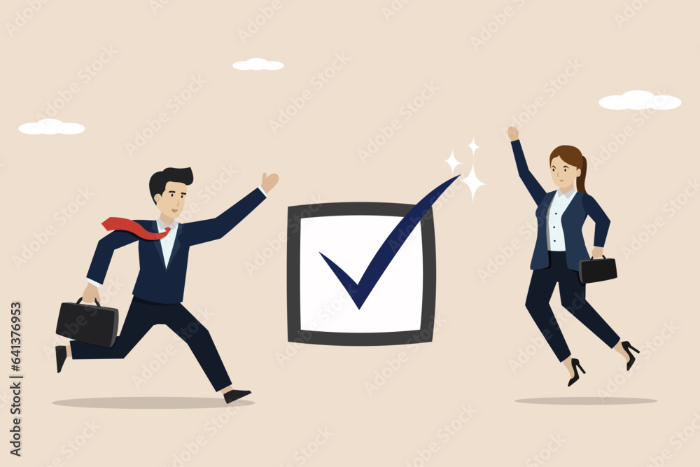 Completed task, achievement check box, check work done, happy business ...