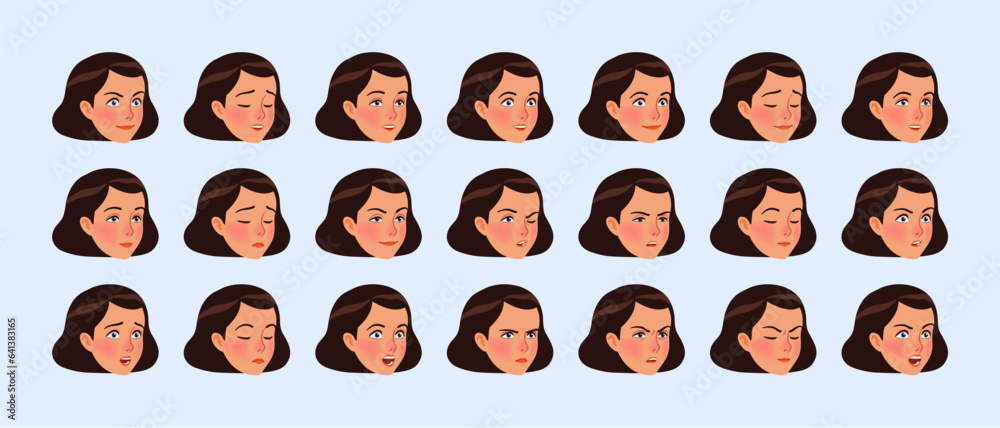 Sporty teenage girl emote set, young brunette hair woman portrait ...