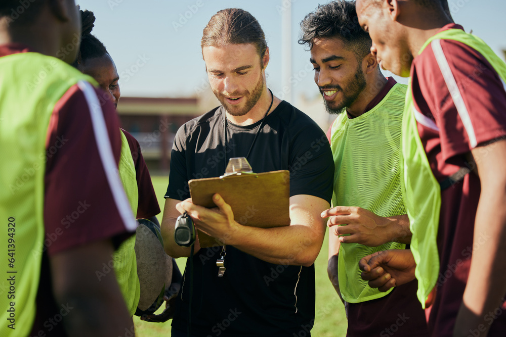 Sports strategy, talking and men in rugby for teamwork, fitness ...