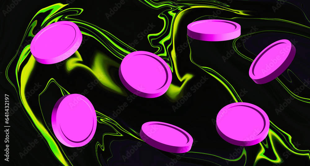 Purple pink coin on fluid neon light green wave black background ...