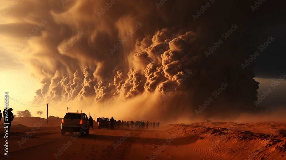 Sandstorm, sand is blown away by a strong wind. Concept: evacuation of ...