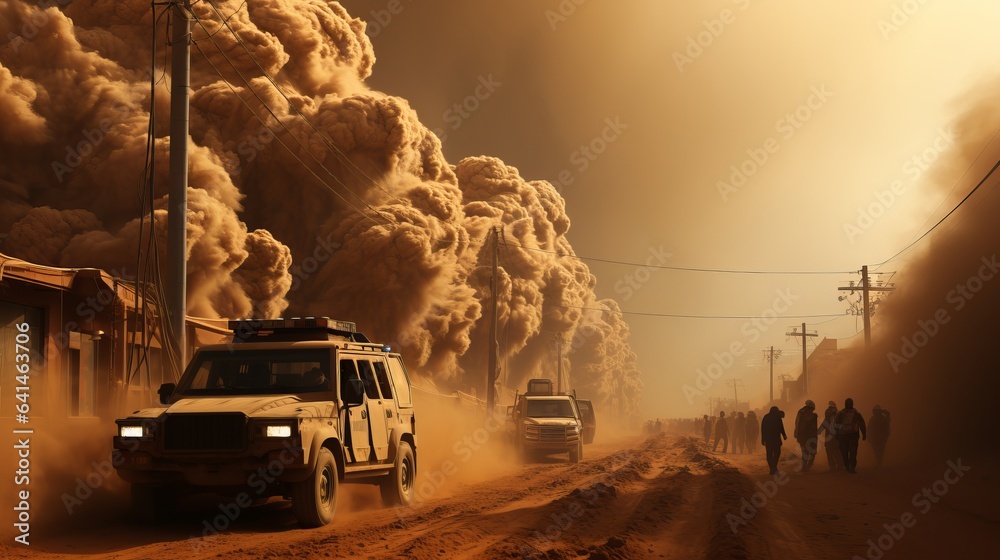 Sandstorm, sand is blown away by a strong wind. Concept: evacuation of ...