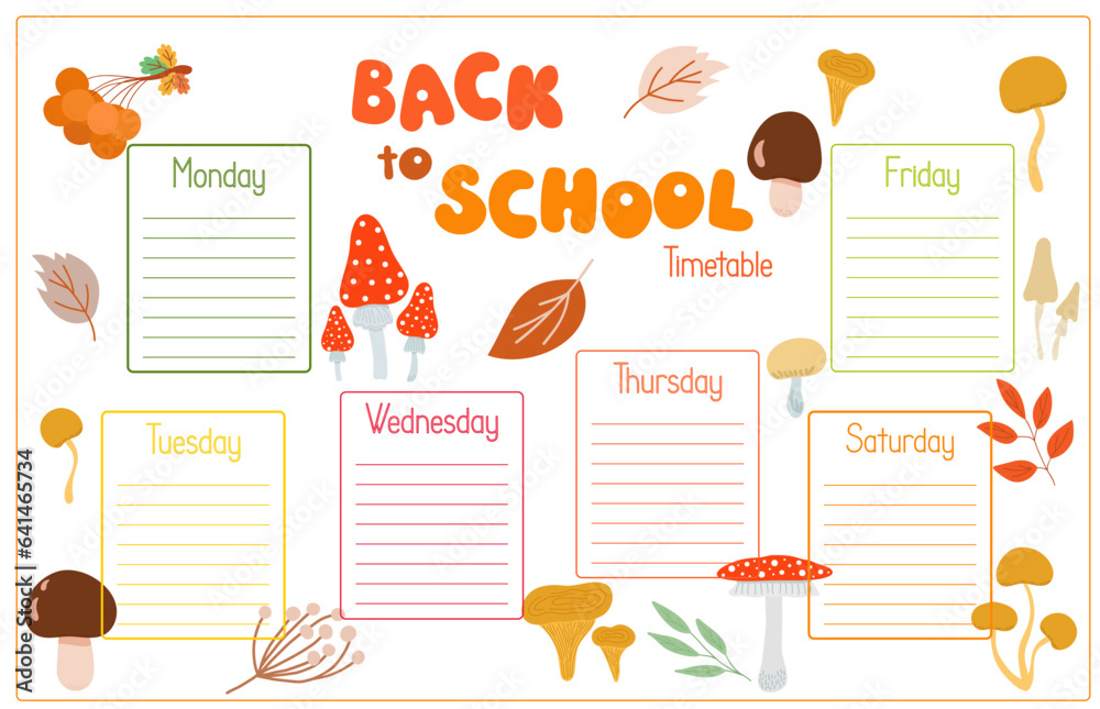 Back to School timetable decorated with autumn forest elements blank ...