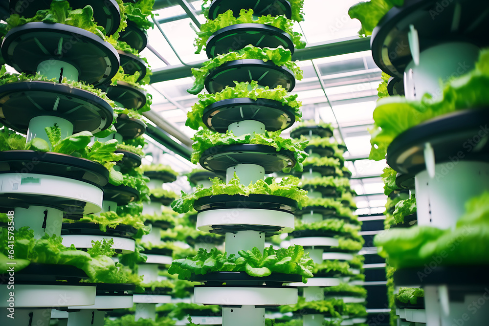 Inside of Greenhouse Hydroponic Vertical Farm Eco system with rows of ...