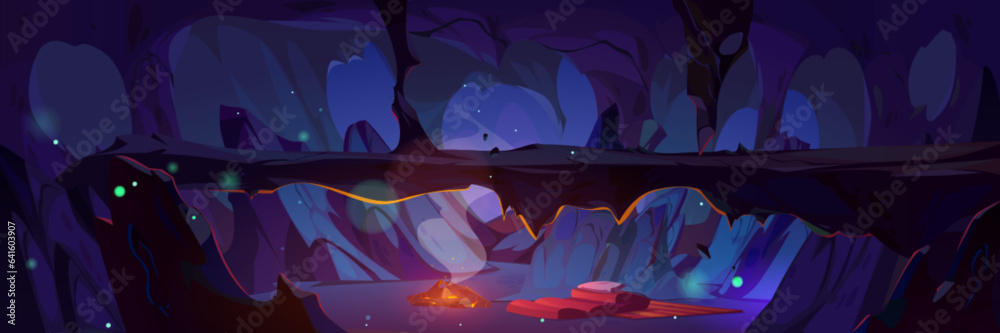 Cave shelter with fire and mat vector game background. Underground mine ...