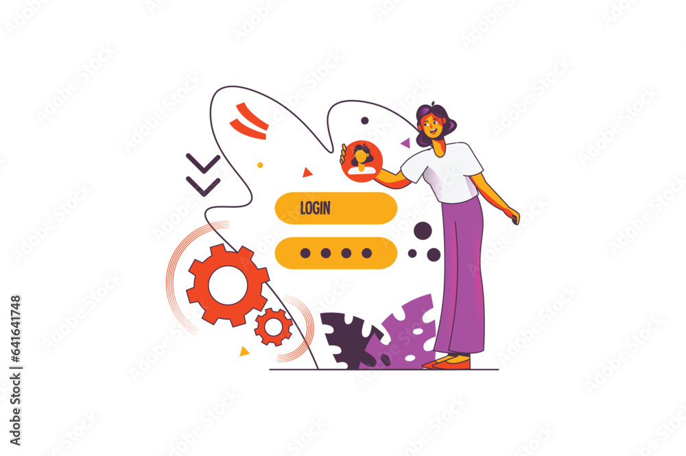 Login concept with people scene in the flat cartoon design. The girl is ...