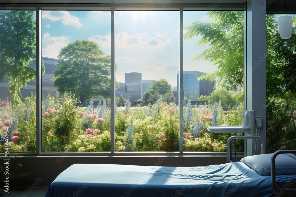 From a patient's perspective, a soothing garden scene unfolds beyond a ...