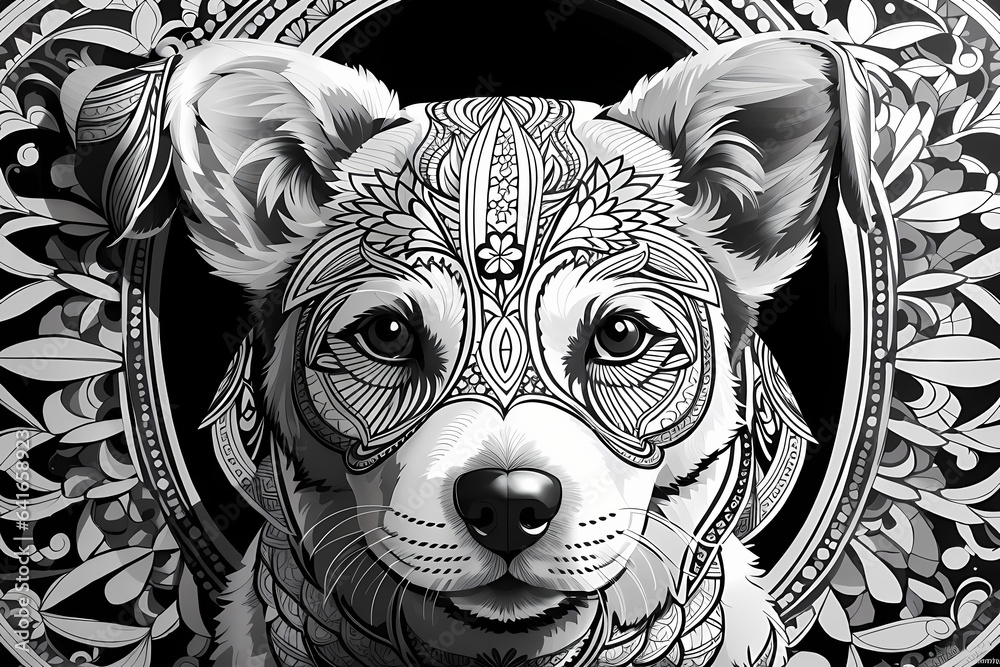 Printable coloring page of cute dog on white background - mandala theme ...