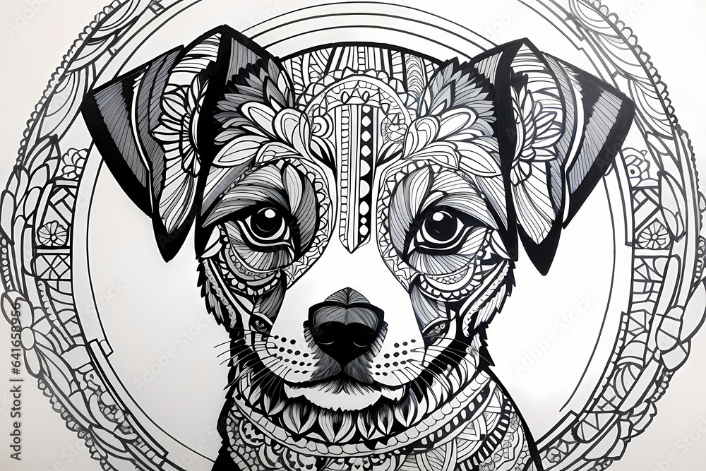 Printable coloring page of cute dog on white background - mandala theme ...