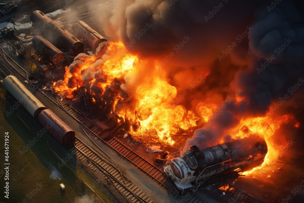 Foto Aerical top view of a train derailed exploding with fire and smoke ...