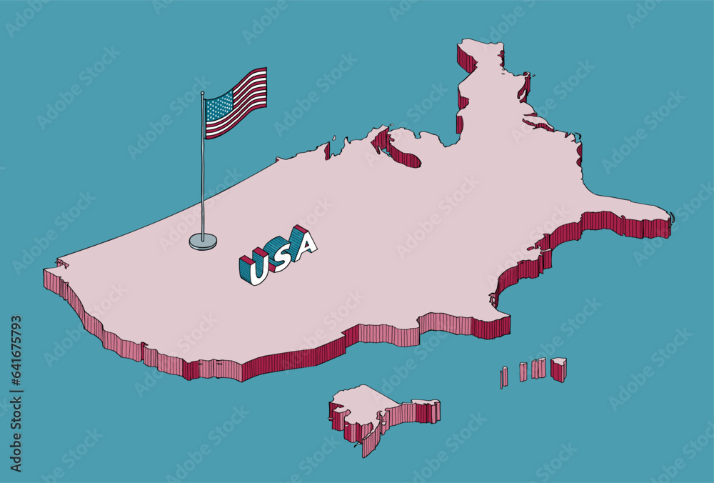 Isometric hand drawn map of the USA. 3D Line and color vector Stock ...