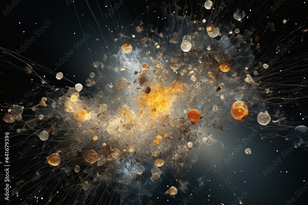 Visualization of particle collisions in a cloud chamber, capturing the fleeting and chaotic ...