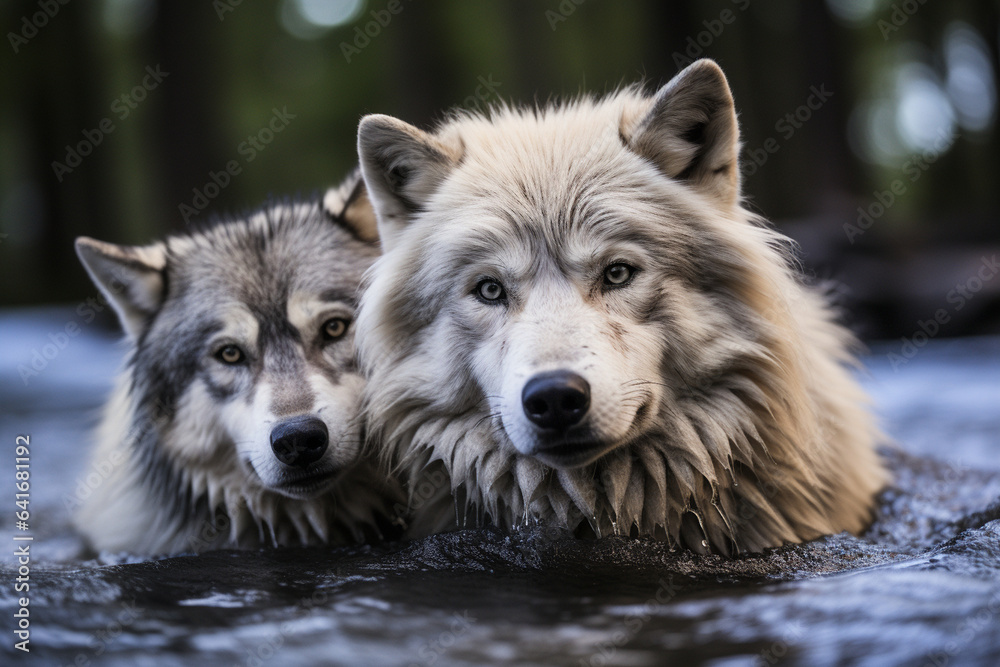 Wolves navigating a river together, illustrating their adaptability and ...