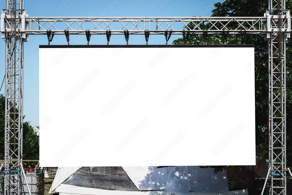 Banner white empty mockup billboard.Equipment on stage for the concert ...