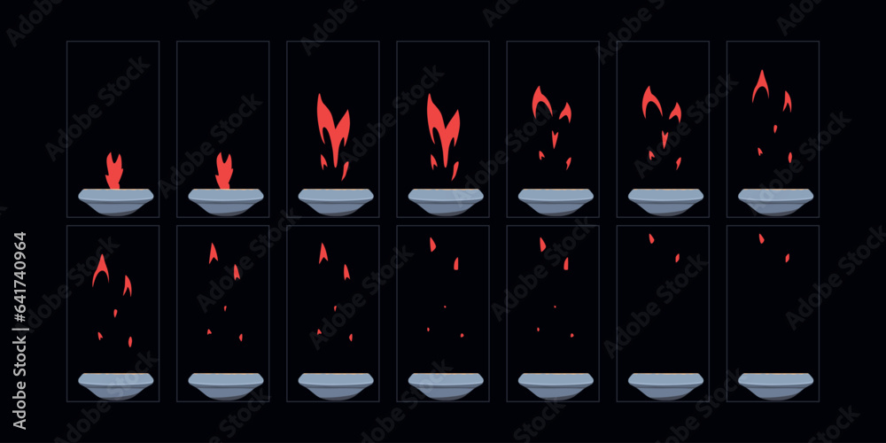 The witch's cauldron with fire spark animation set. 2d cartoon fire ...