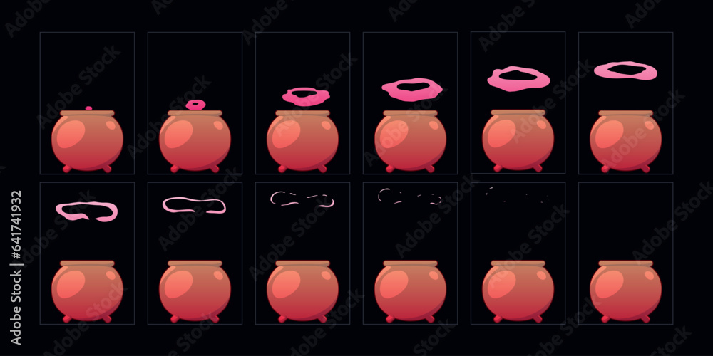 The witch's cauldron with pink smoke animation set. 2d cartoon smoke ...