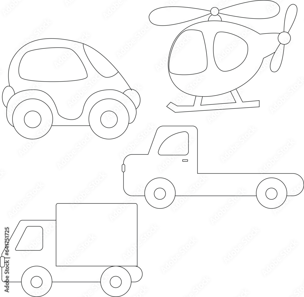 outline doodle transportation clipart bundle in cartoon style for kids ...