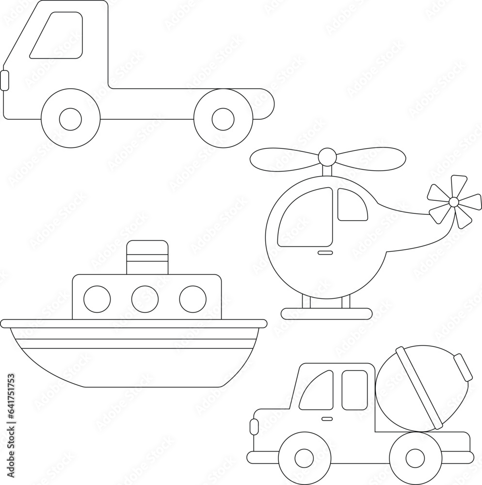 outline transportation clipart set in doodle cartoon style for kids and ...
