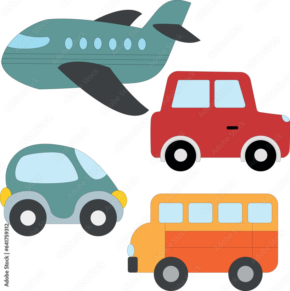 colorful transportation clipart set in doodle cartoon style for kids ...