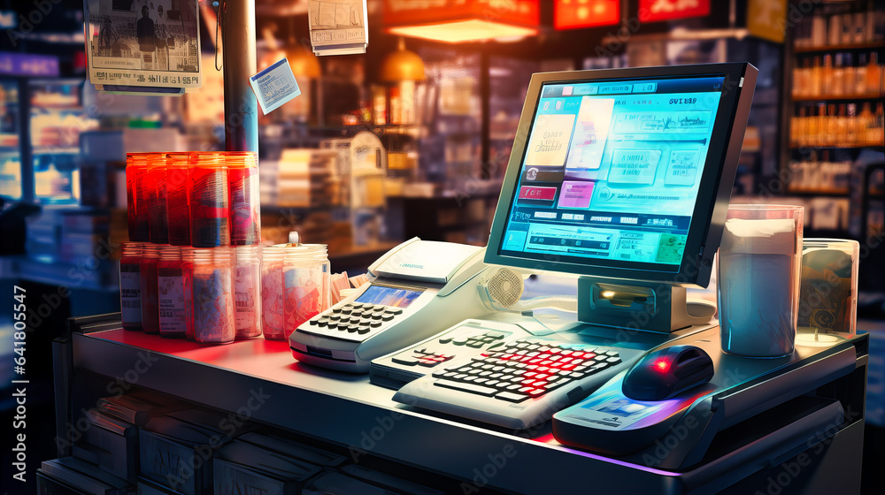 Overhead view of a well-organized checkout counter with scanned items ...