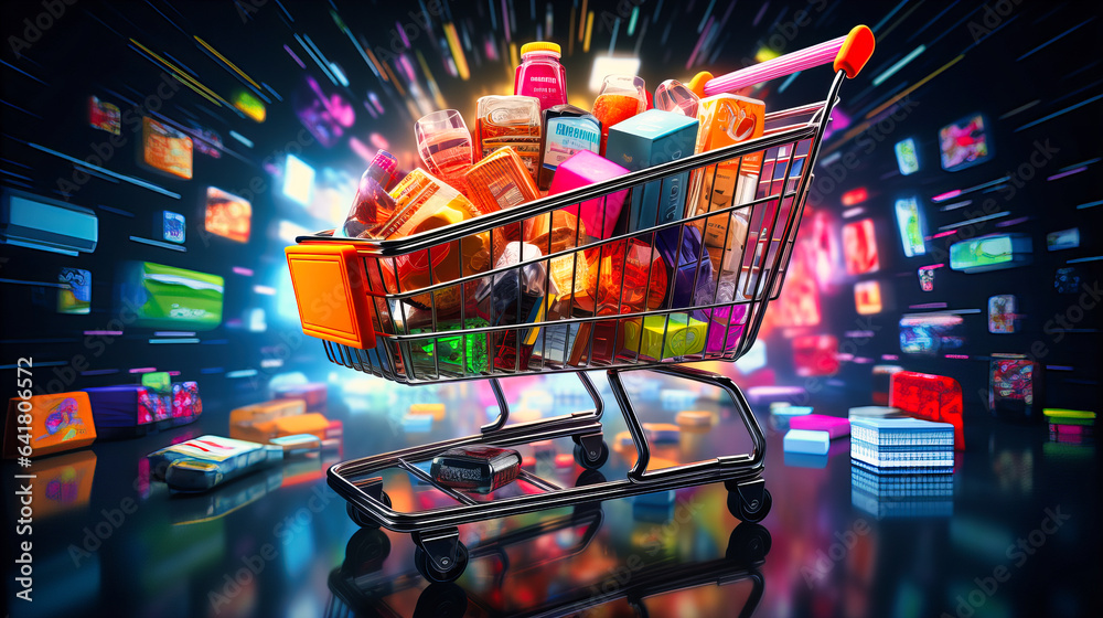 Overhead view of a shopping cart filled to the brim, with a mosaic of ...