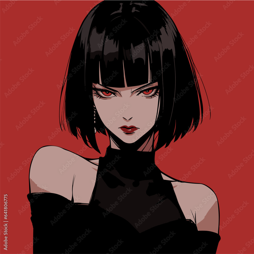 Dark-haired cool gothic anime woman with short haircut in neon colors ...