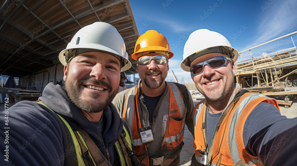Smiling construction workers looking at a smartphones or a tablet at a ...