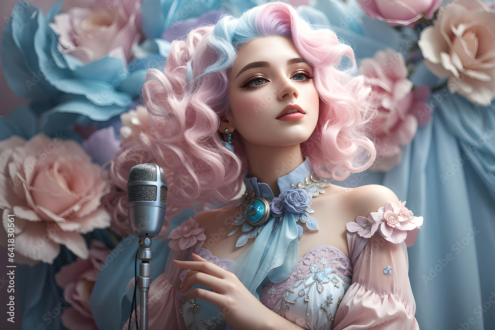 Surrealism fashion of a female singer in pastel colors with a ...