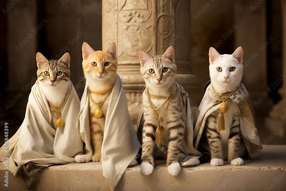 Cats sit on the steps of an ancient temple in ancient Roman costumes ...