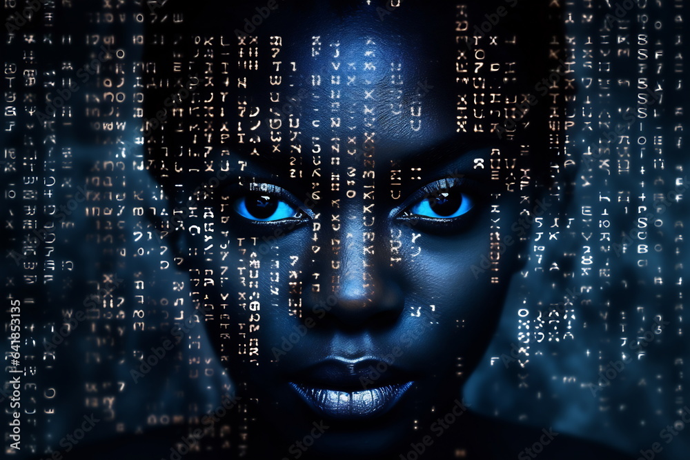Black woman face with digital matrix numbers. Artificial intelligence ...