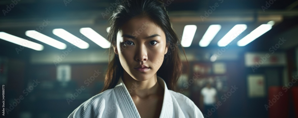 An East Asian female judoka standing in a dynamic stance her face in ...
