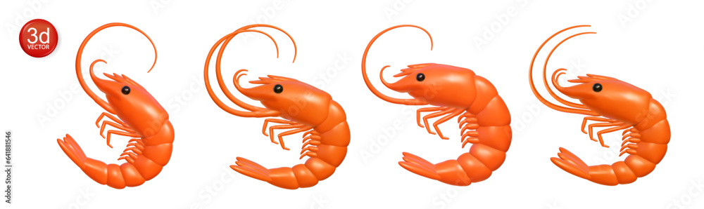 Set of 3d shrimp or prawn vector icons. Isolated illustrations of sea ...