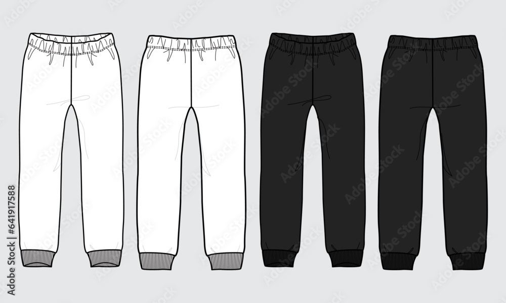 Black and white sweatpants technical drawing fashion flat sketch vector ...