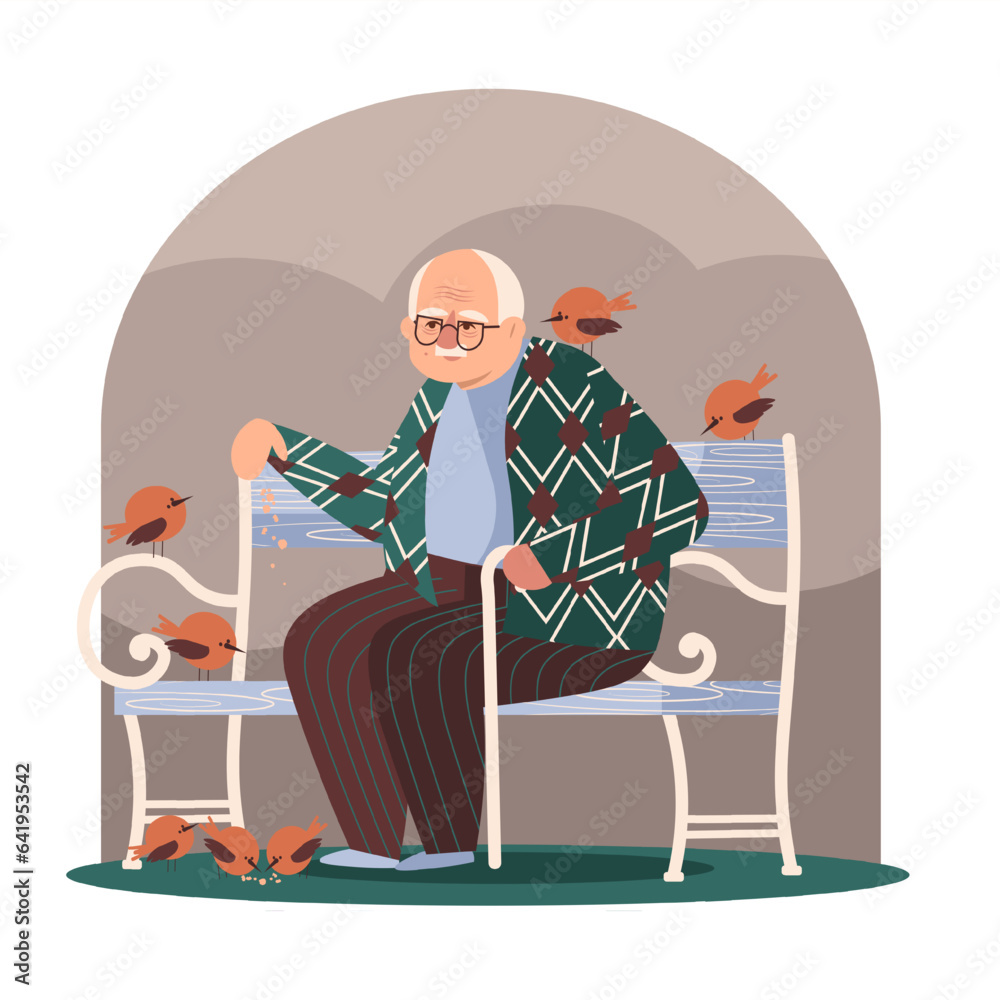 Old man sitting on bench and feeding birds in park. Cartoon character ...