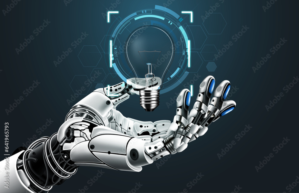 AI humanoid hand holding light bulb hologram, Future cybernetic ...