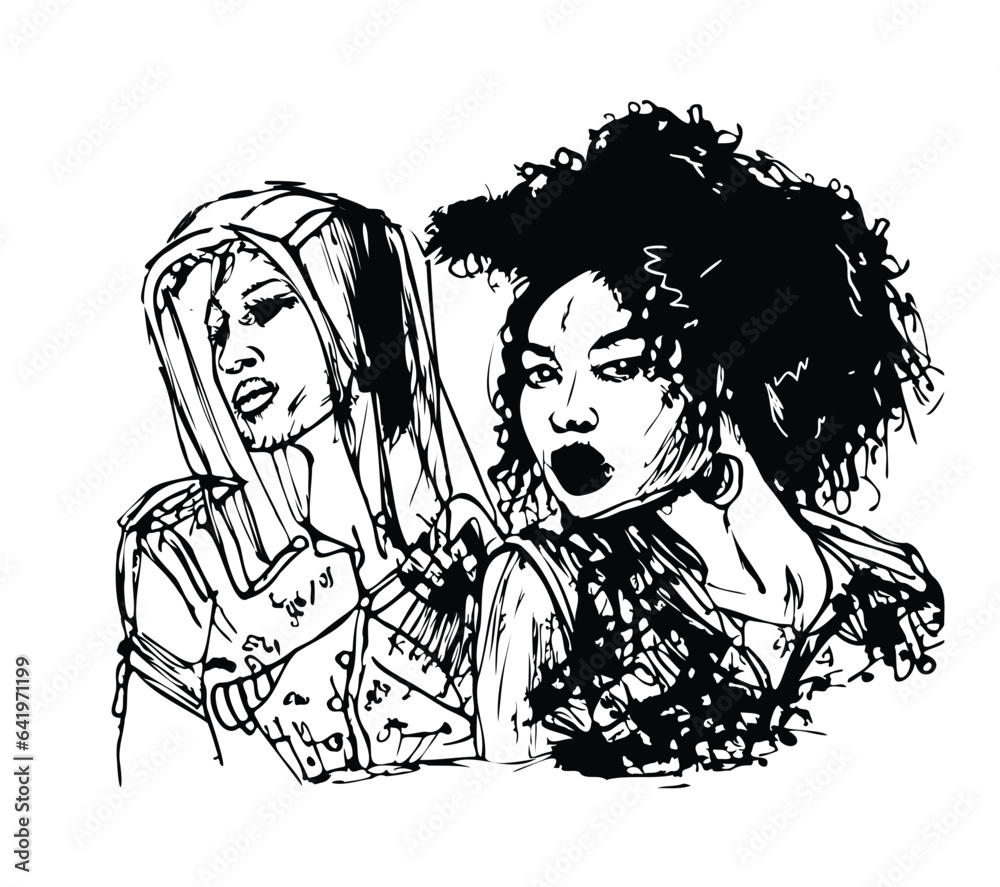 Young girl face portrait art. Trendy model look hand drawn illustration ...
