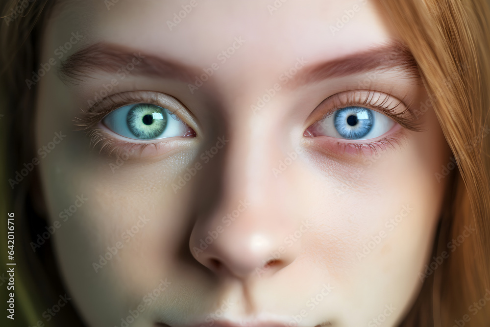 Partial iris heterochromia. Close-up image of female face, direct look ...