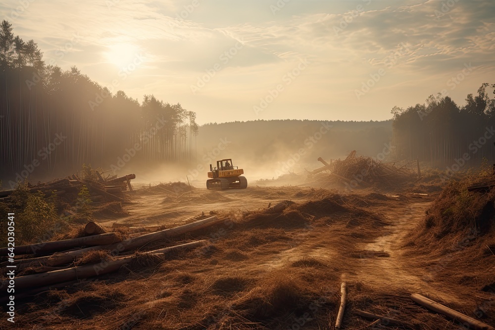 Deforestation, forest being clear-cut with logging machinery. Negative ...