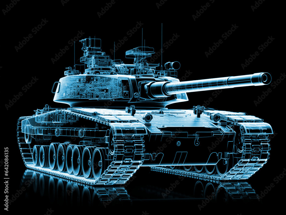 Military battle tank or armored panzer, sci-fi x-ray 3d-model of war ...