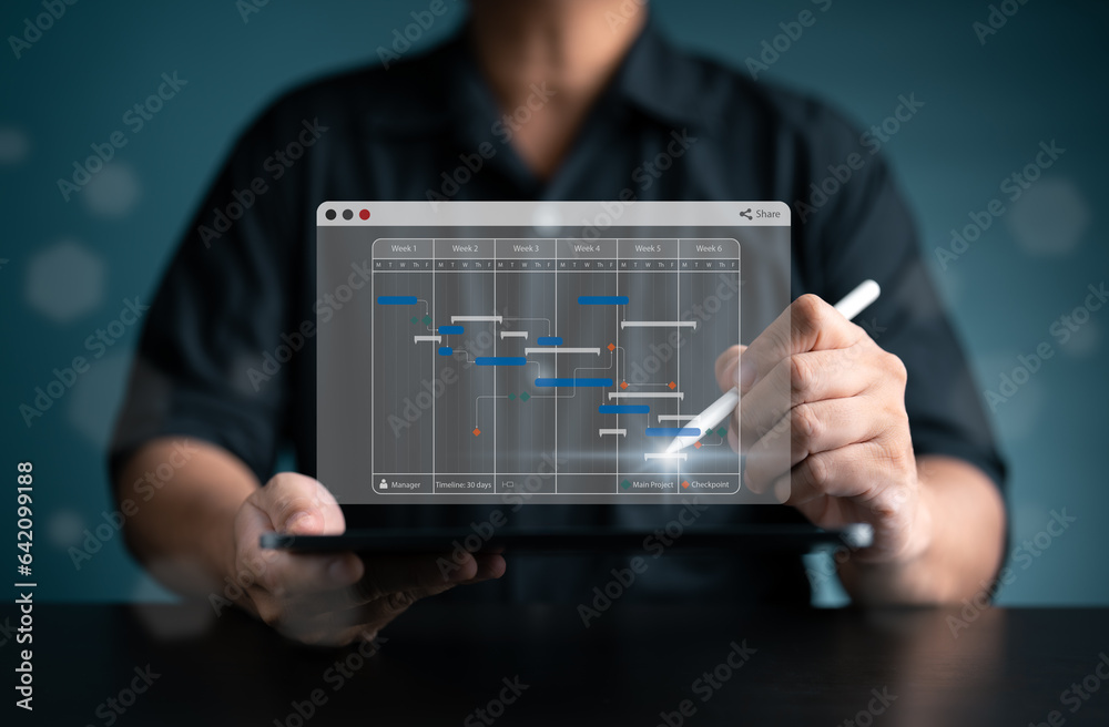 Project management concept. Manager working with Gantt chart schedule ...