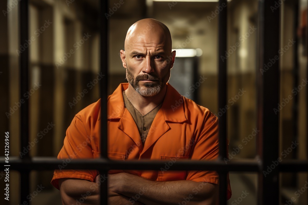 Middle aged Caucasian prisoner in orange uniform, looking at camera ...