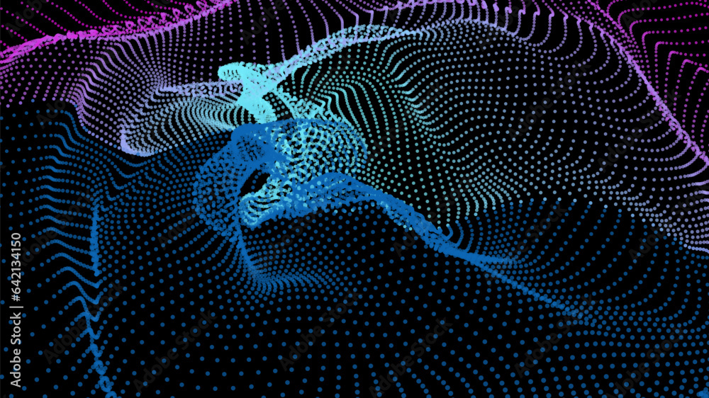 Energy net flows. Dot particle lines penetrating fog. Neon lights ...