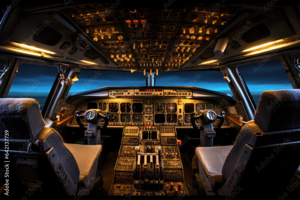 Pilot flight deck in civil airplane. Plane cockpit interior with ...