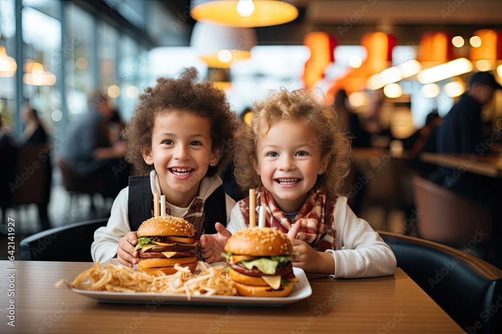 Two happy little American children boy and girl sit by the table and ...